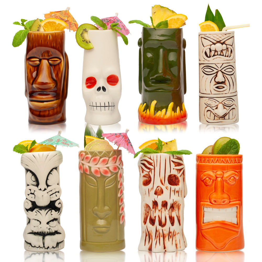 Ceramic Tiki Mugs Set of 8 – Hawaiian Glasses for Exotic Cocktails