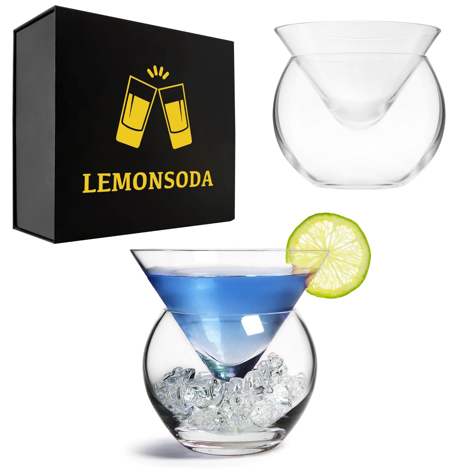 Stemless Martini Glasses with Chiller Set - Cocktails Glasses with Ice Bowl